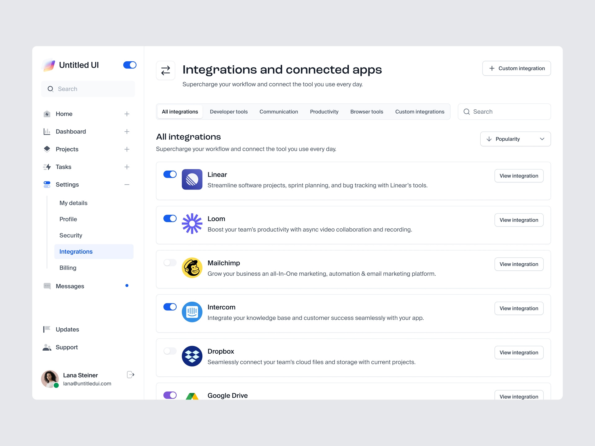 Integrations settings page — Untitled UI by Jordan Hughes® on Dribbble