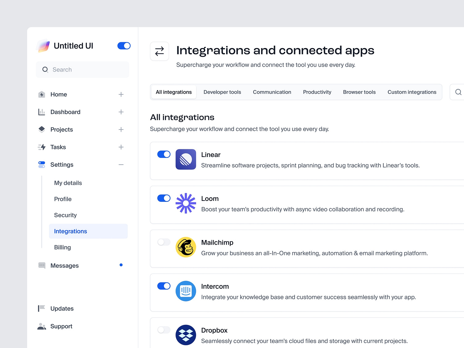 Integrations settings page — Untitled UI by Jordan Hughes® on Dribbble