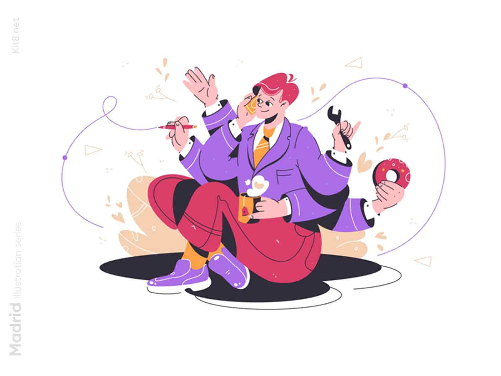Multitasking man illustration by Kit8 on Dribbble
