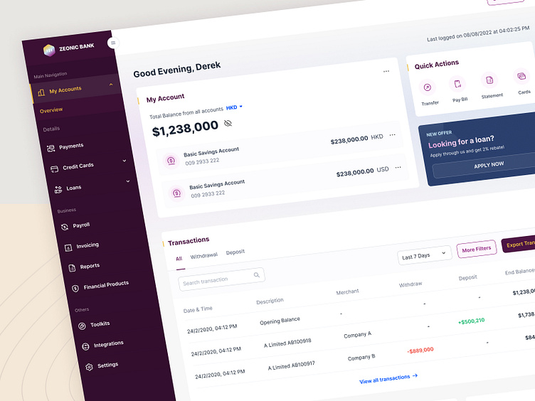 Zeonic Banking Dashboard by Lye Hoe on Dribbble