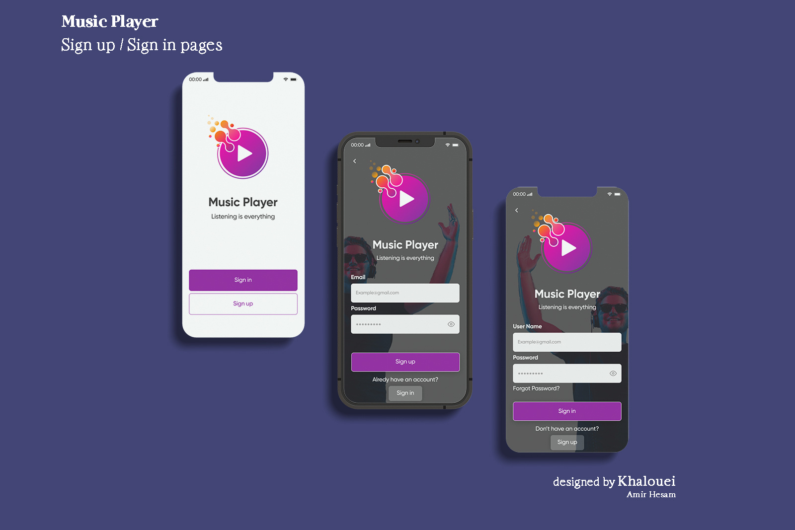 Music Player Sign up / in pages by Hesam Khalouei on Dribbble