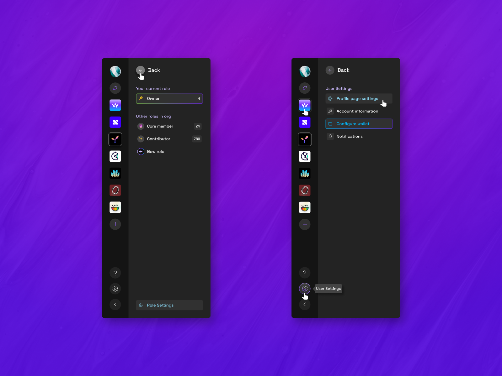 Sidebar UI for web3 DAO project management tool by Ben Kókolas on Dribbble