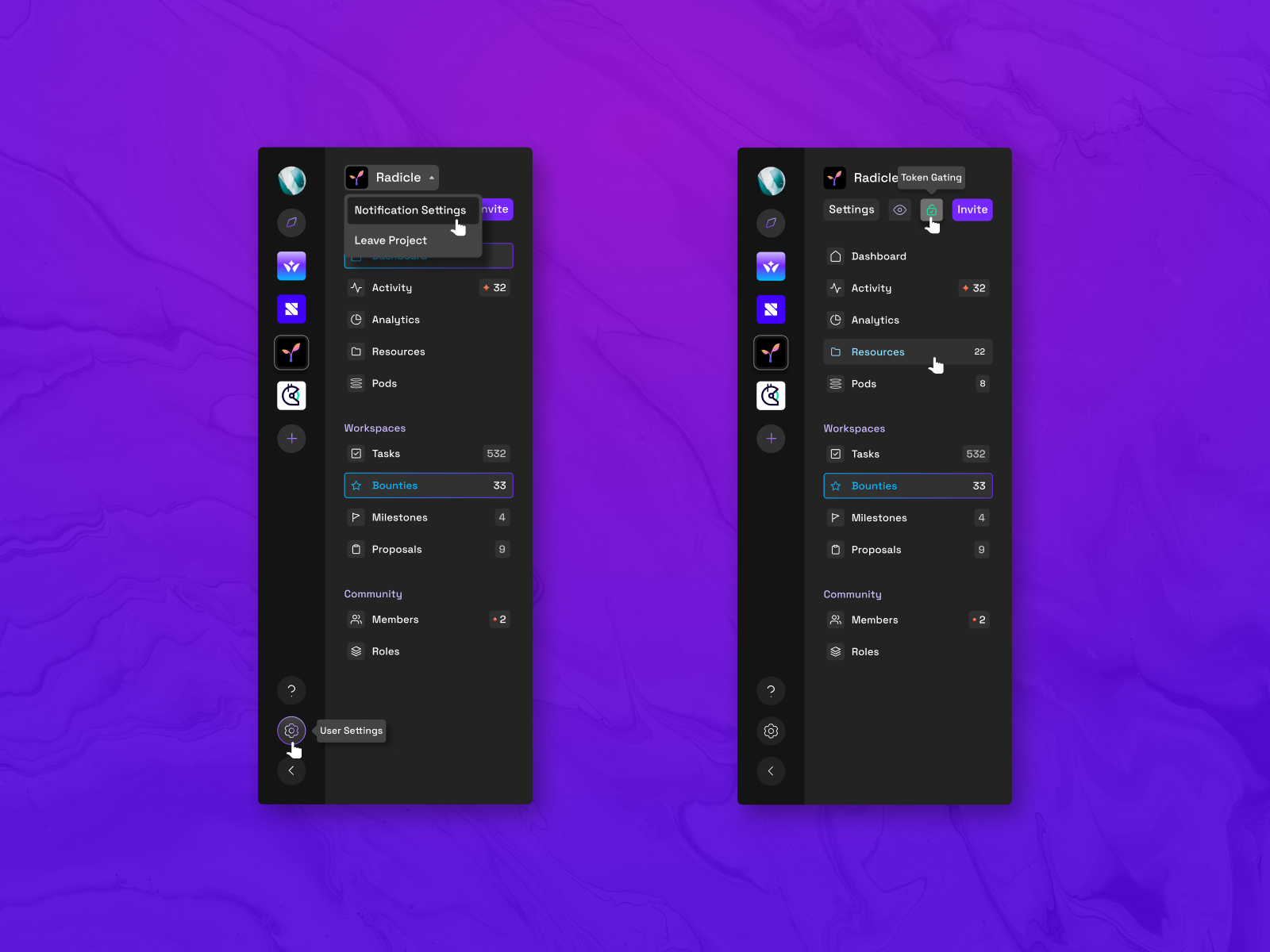 Sidebar UI for web3 DAO project management tool by Ben Kókolas on Dribbble