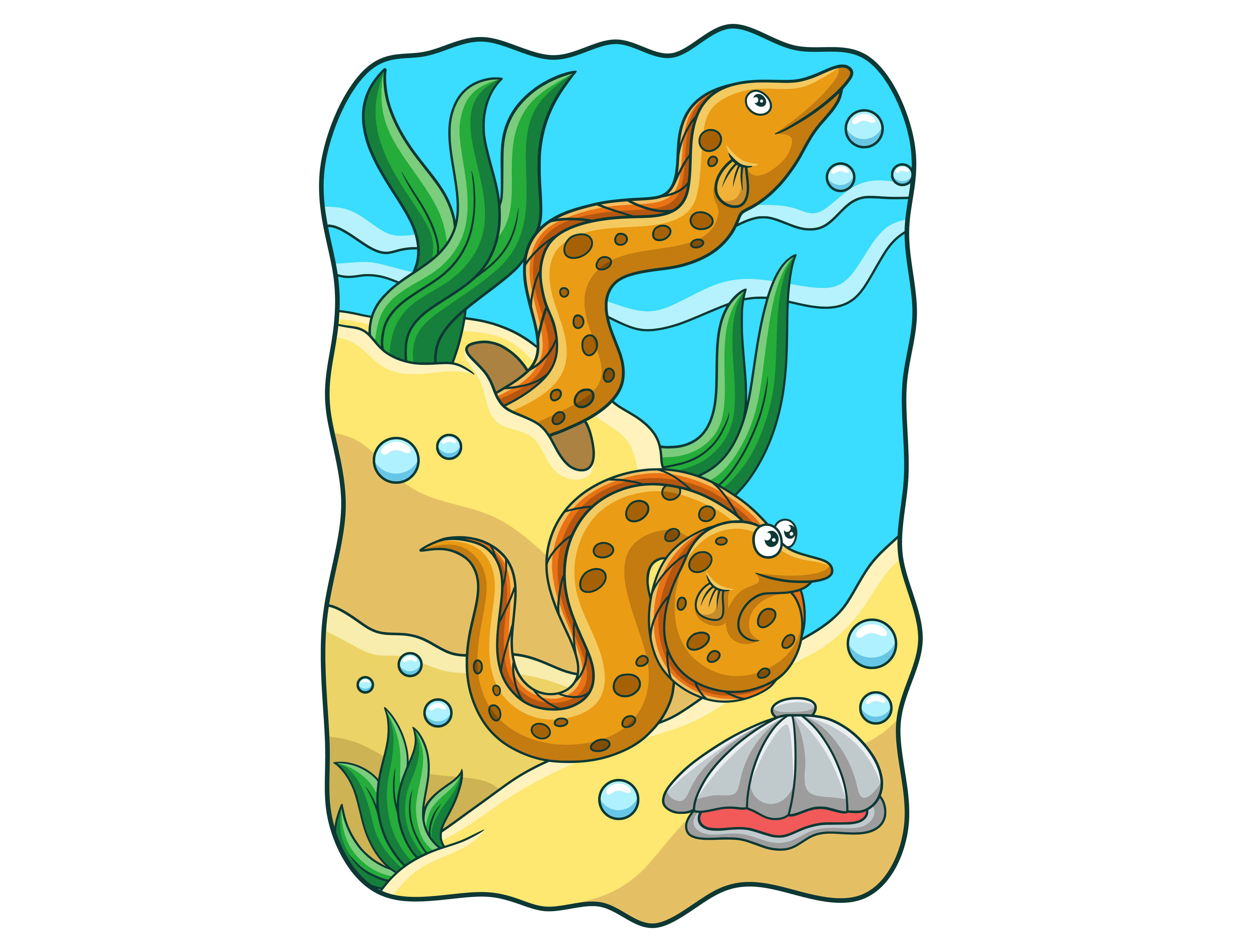 Cartoon illustration two sea eels playing on the coral reef by Riki on ...