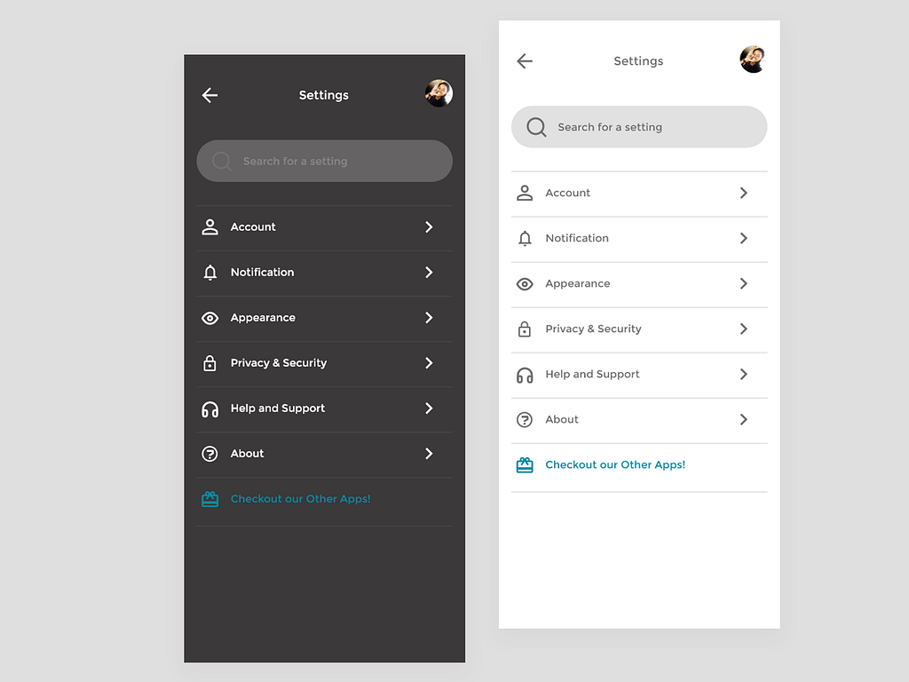 Setting UI design light and dark theme by KALU BONIFACE NWANKWO on Dribbble