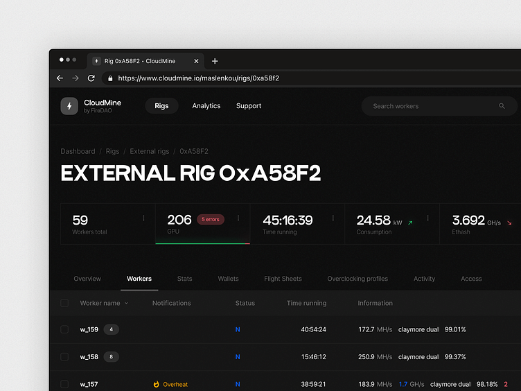 Crypto mining external rigs dashboard by Ruslan Maslenkou on Dribbble