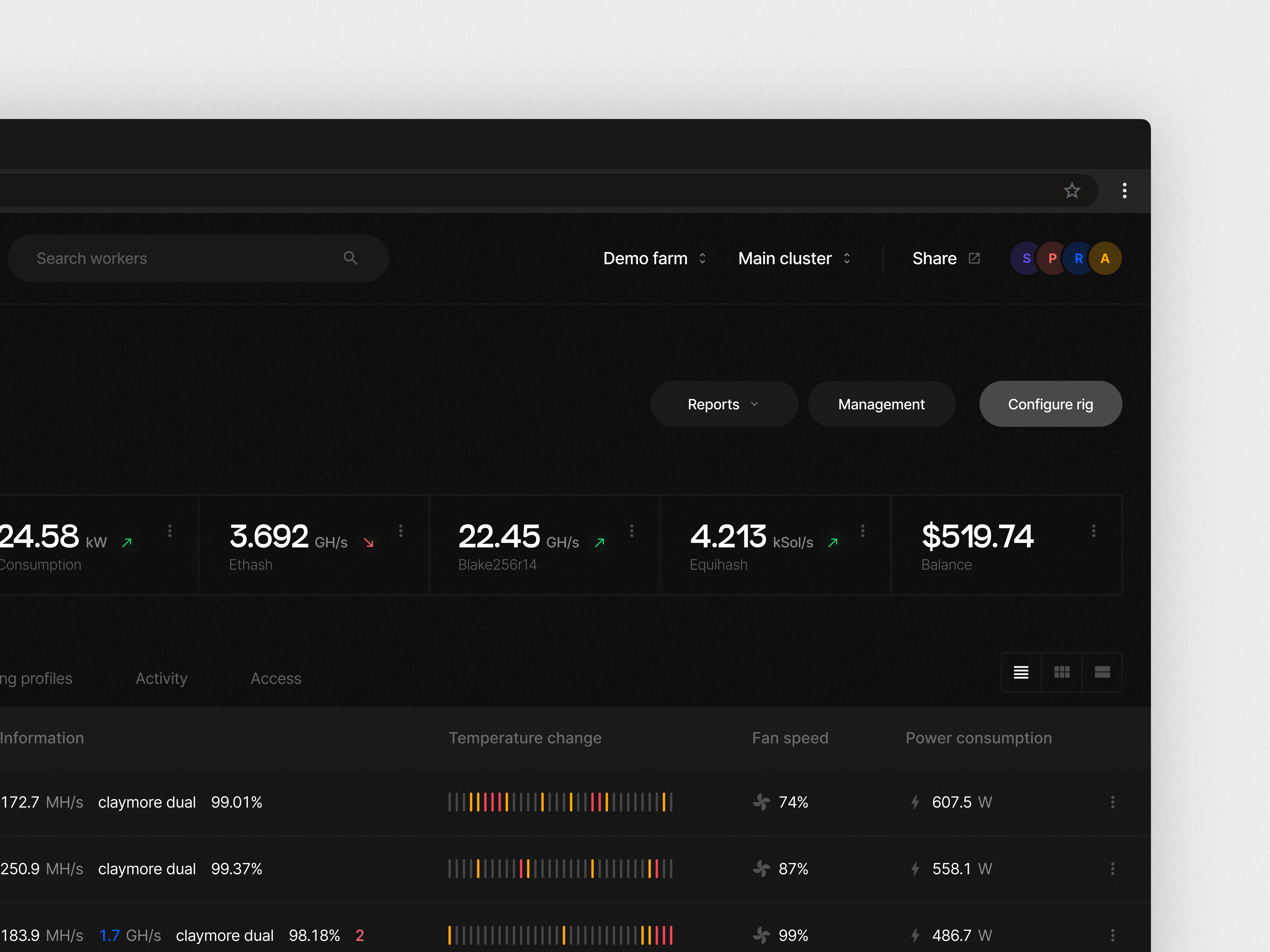 Crypto mining external rigs dashboard by Ruslan Maslenkou on Dribbble