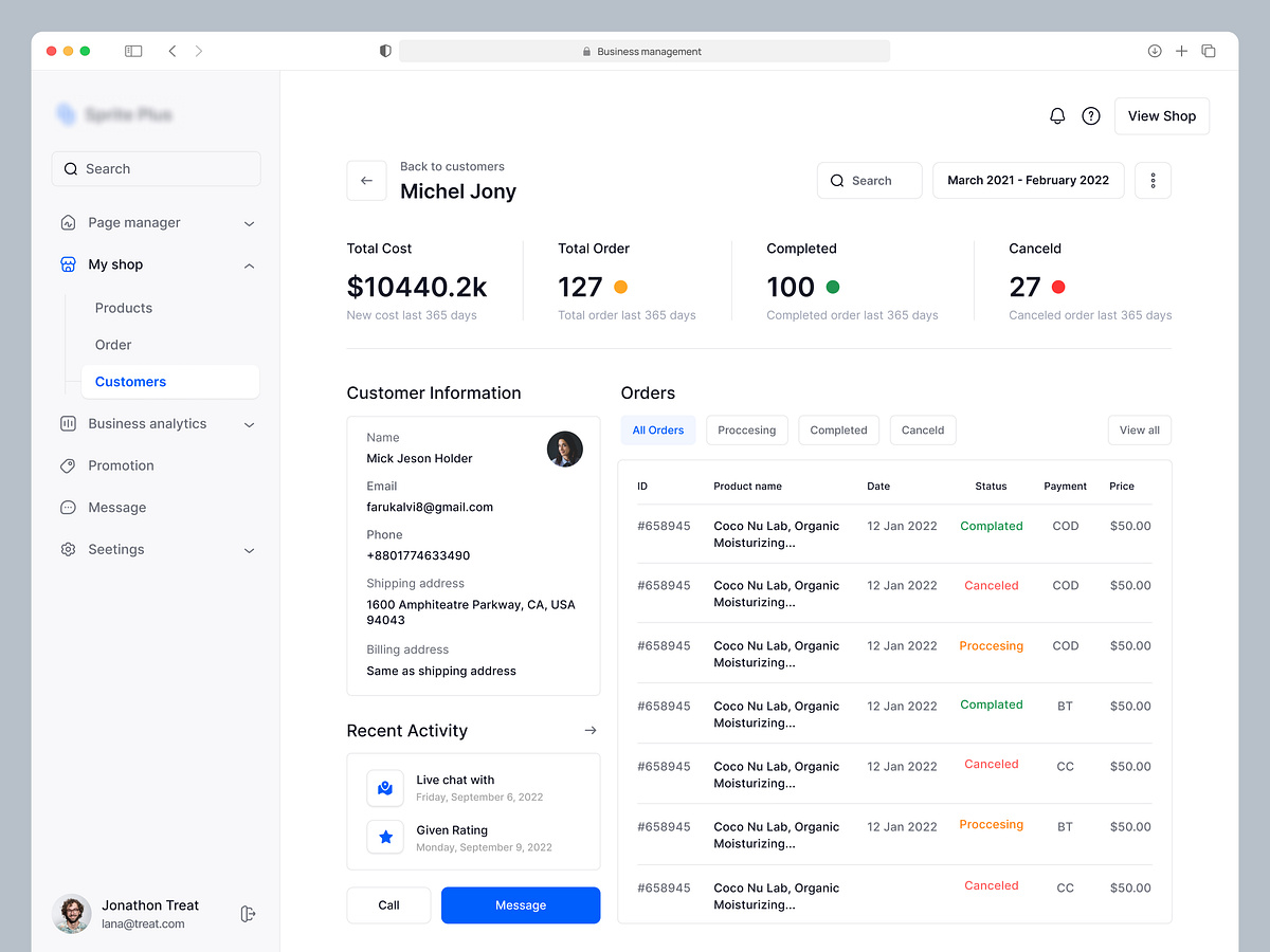 Customer Details - Ecommerce Dashboard by Omar Faruk on Dribbble