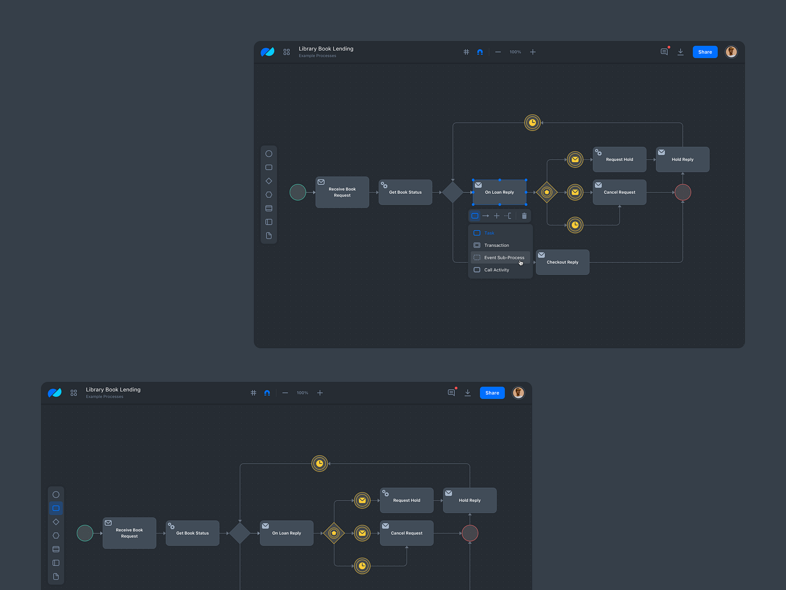 BPMN Editor UI / WIP #4 / Dark Mode by Franta Toman on Dribbble