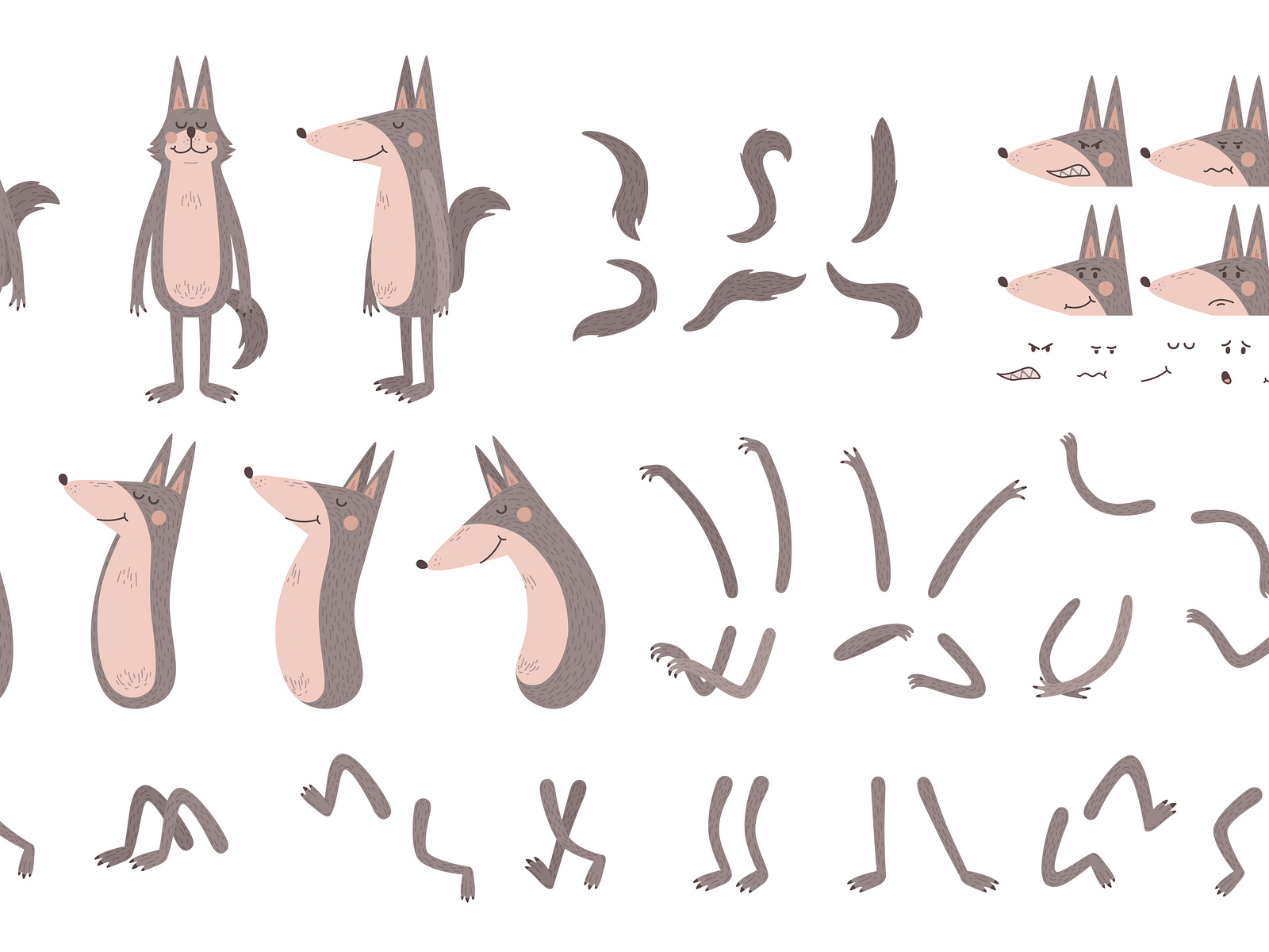 Cute wolf character set by Macrovector on Dribbble