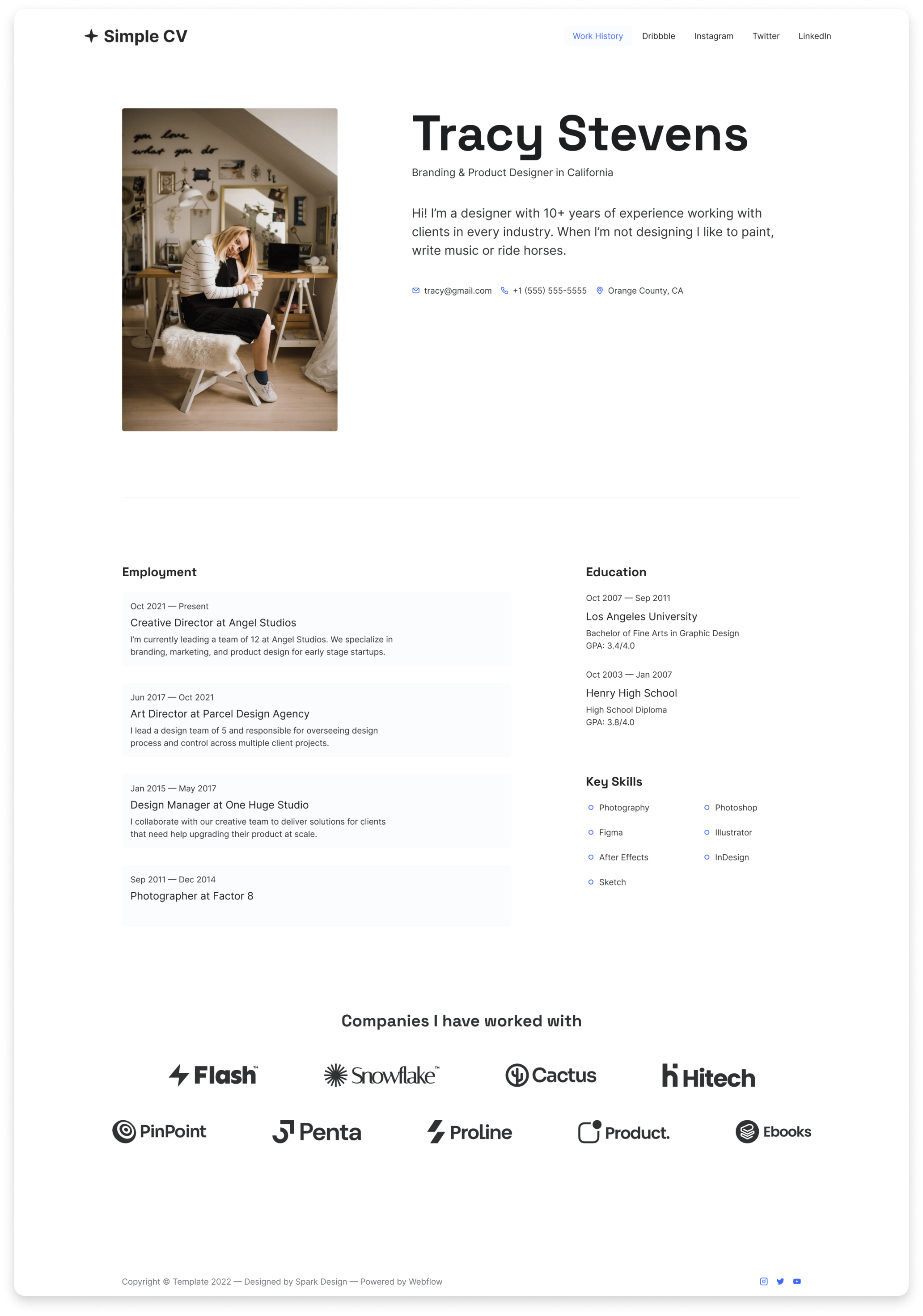 Simple CV Portfolio Template - Free Webflow Cloneable by David Silva for SparkDotDesign on Dribbble