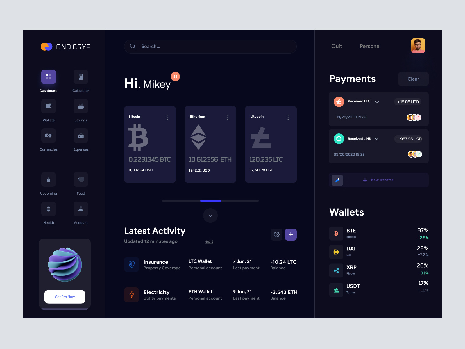 Cryptocurrency Dashboard UI - Dark Mode by Mike Taylor for Dark UI on ...