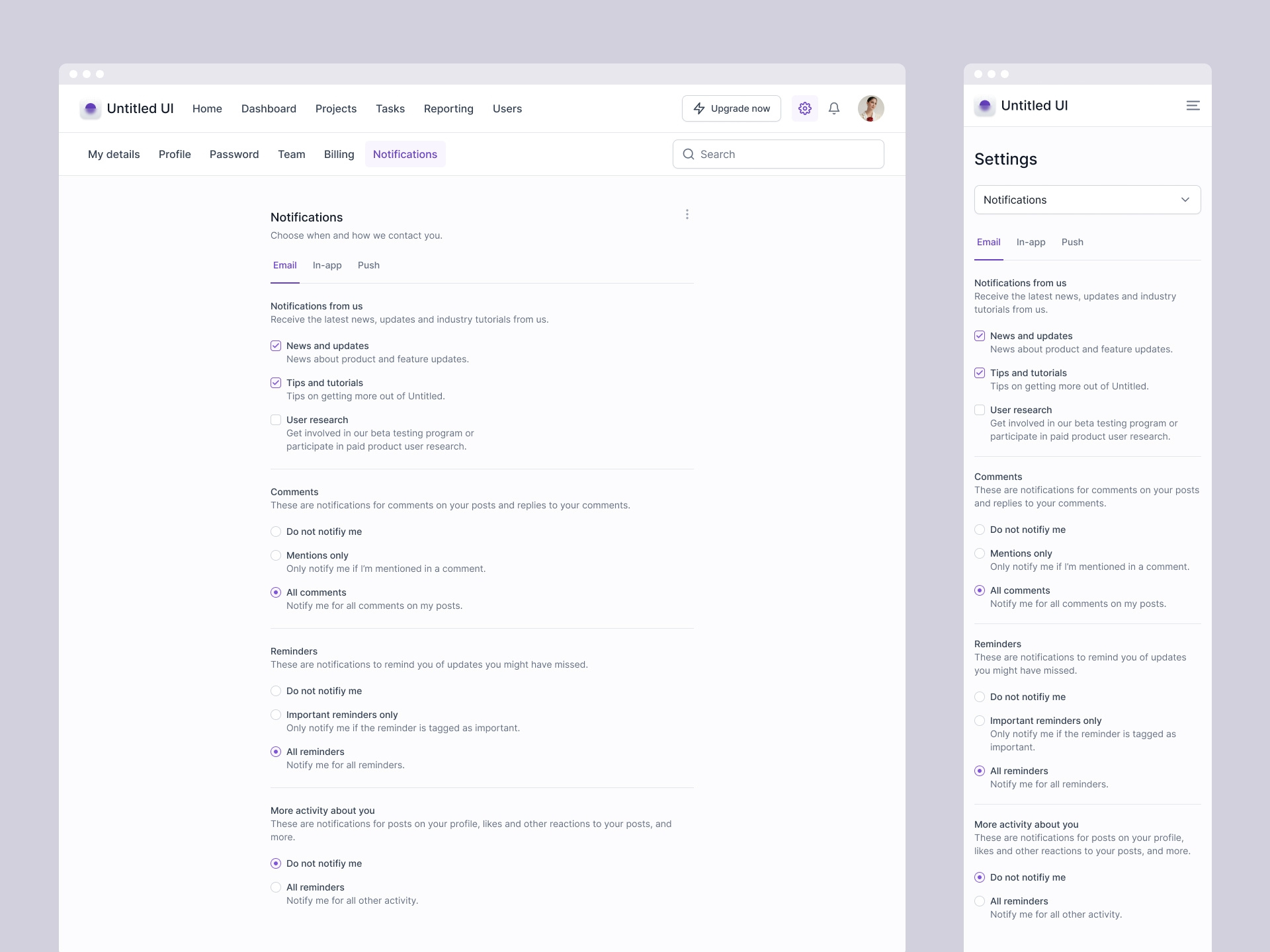 Notifications settings page — Untitled UI by Jordan Hughes® on Dribbble