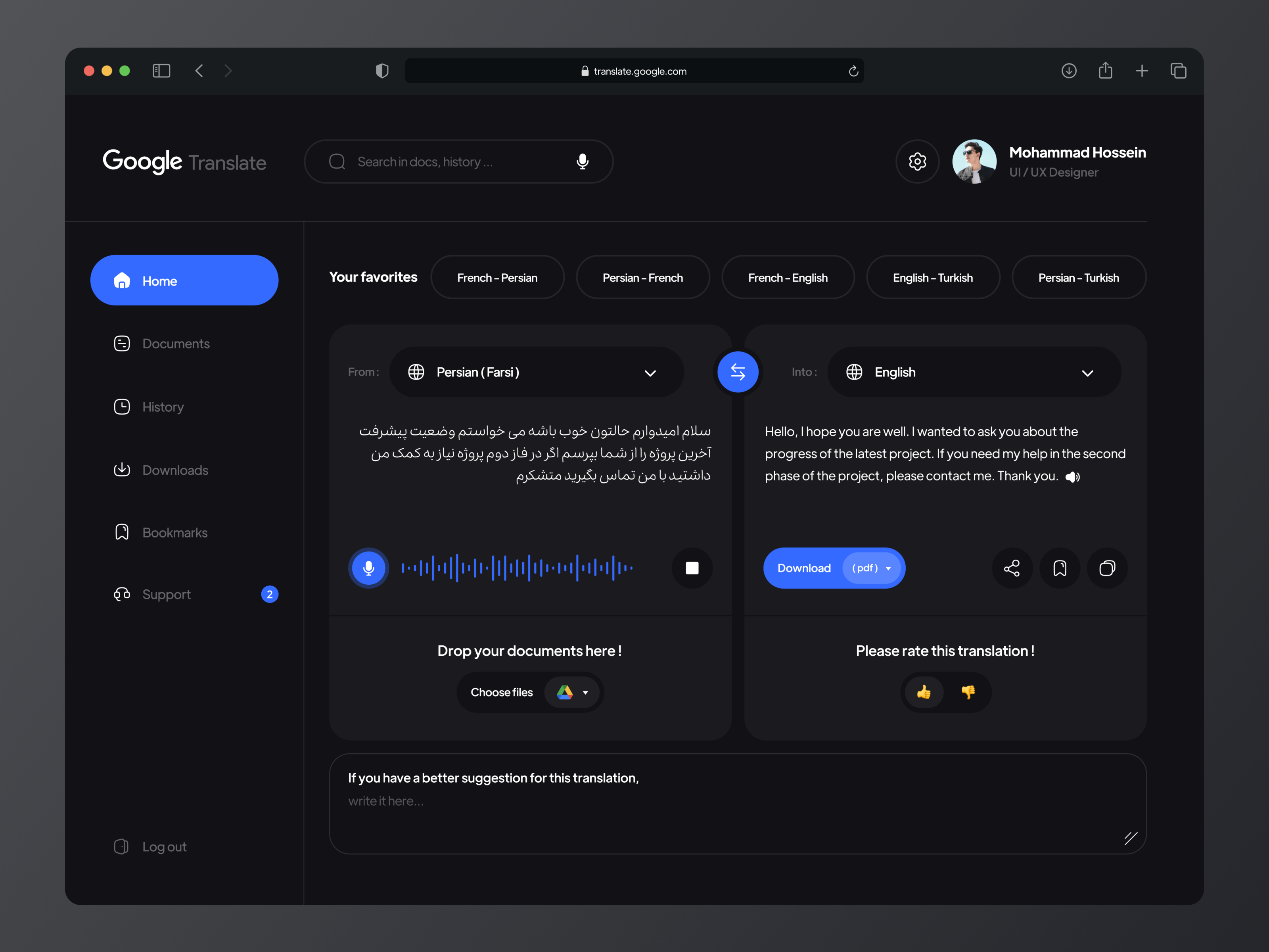 Google Translate - Dark Mode by Ho3ein for Pela Design on Dribbble