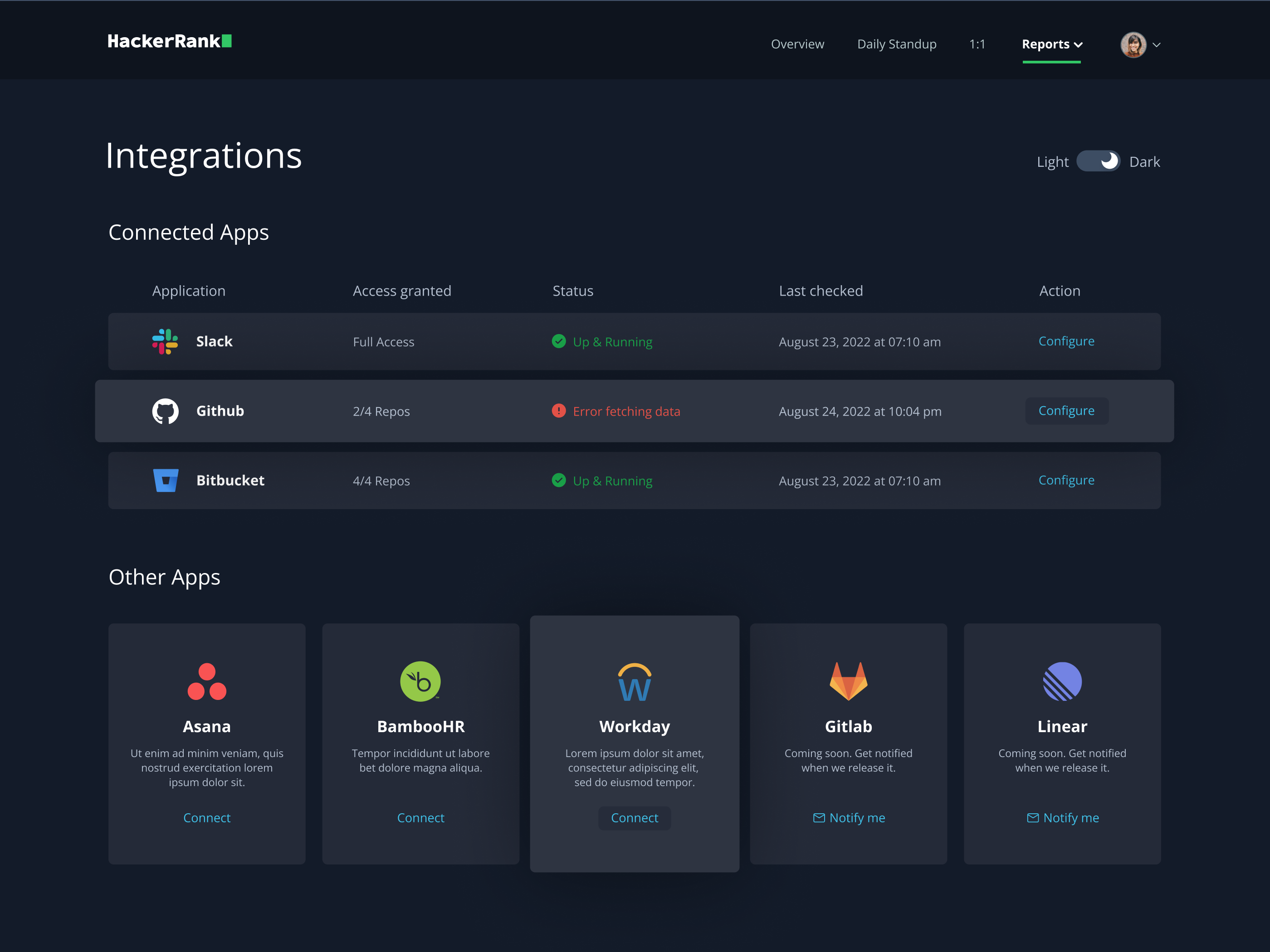 Integrations Setting Page UI by Melissae for HackerRank on Dribbble