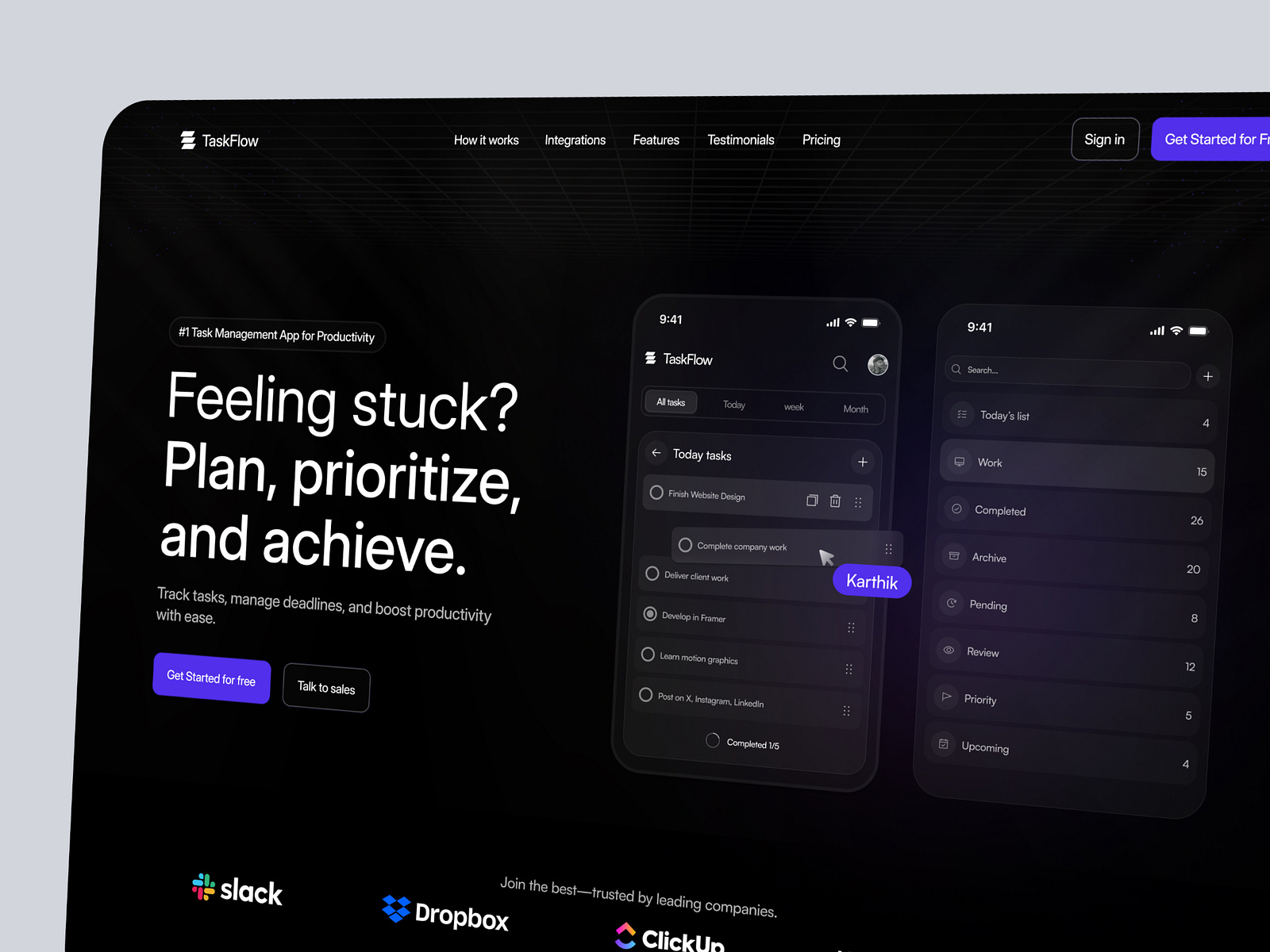 TaskFlow - Task Management Hero Section by Karthik B on Dribbble