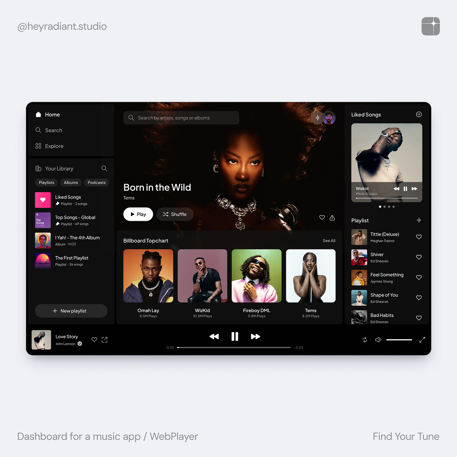 Music App - Web Player Page UI by Vlad Tyzun for Radiant Studio on Dribbble