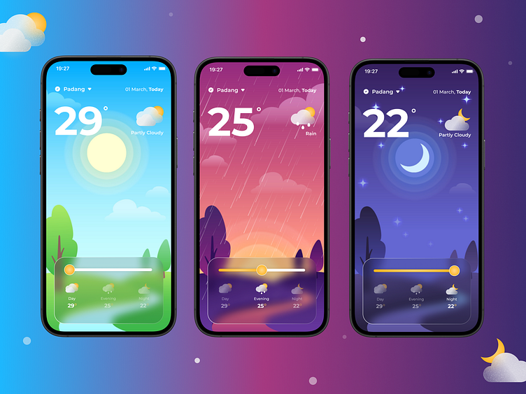 Weather App - Day, Evening & Night UI Design 🌤️🌆🌙 by Rahmat Hidayat on Dribbble