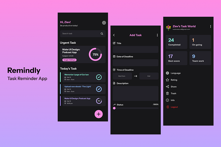 Remindly - Task Reminder App UI by Fauziah on Dribbble