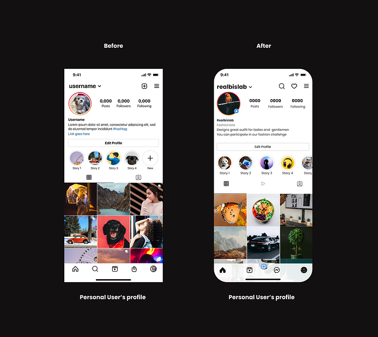 Redesign of the Instagram profile page by Adelabu Abduquadri on Dribbble