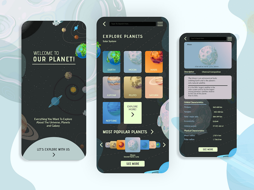 PLANETS APP UI DESIGN by MD SHAHIDUZZAMAN on Dribbble