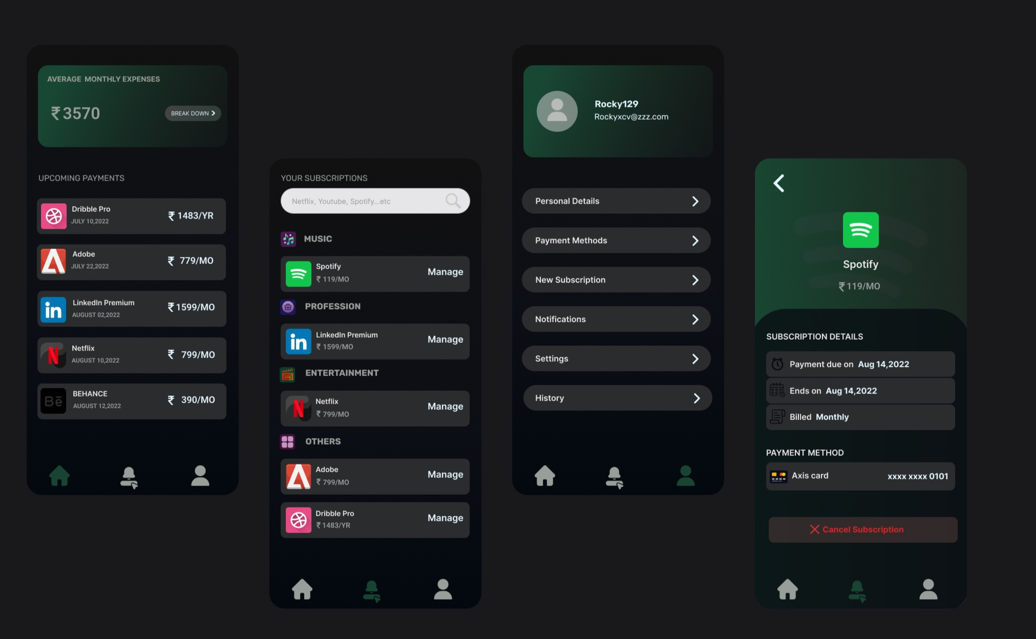 Subscription tracker app design by Abhinav on Dribbble