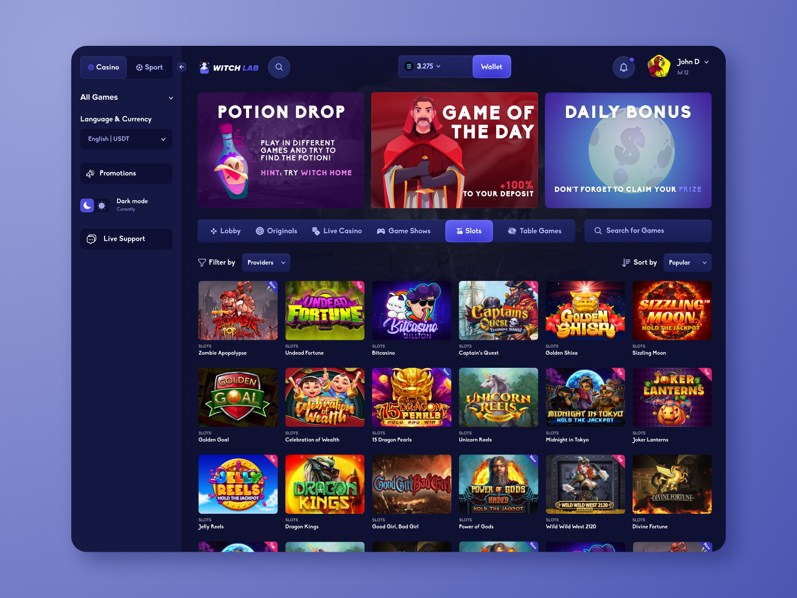 Witch Lab casino. Slots page. by Evgeniy Polonskiy for Neomodeon Studio ...