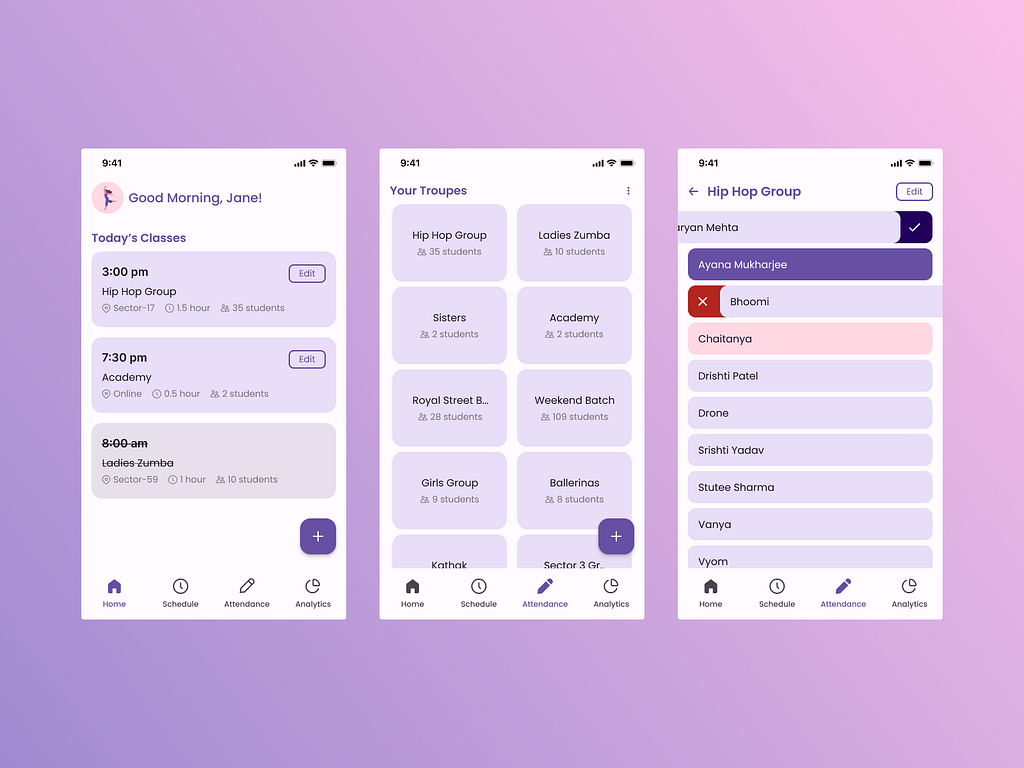 Dance Class Management App by Cheshta Dua on Dribbble