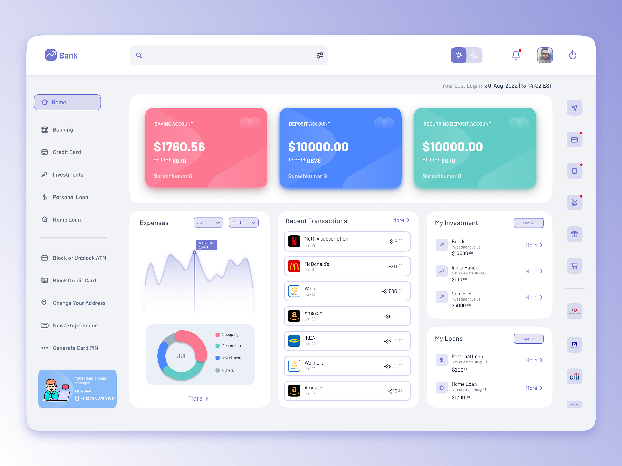Banking landing screen or Dashboard by Sureshkumar G on Dribbble