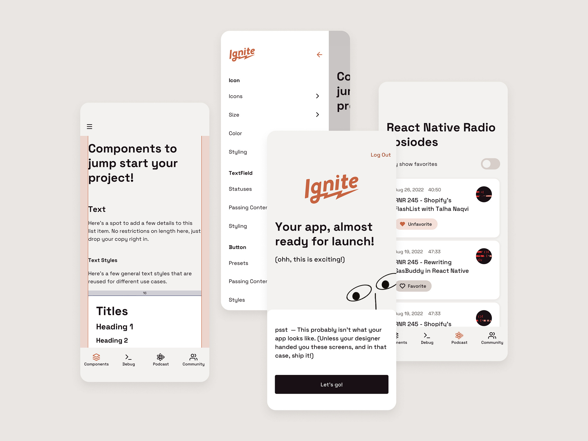 Designs for a React Native boilerplate by Jenna Fucci on Dribbble