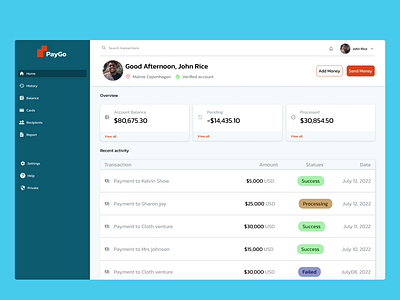 PayGo Dash board by Kenneth Onyeje on Dribbble