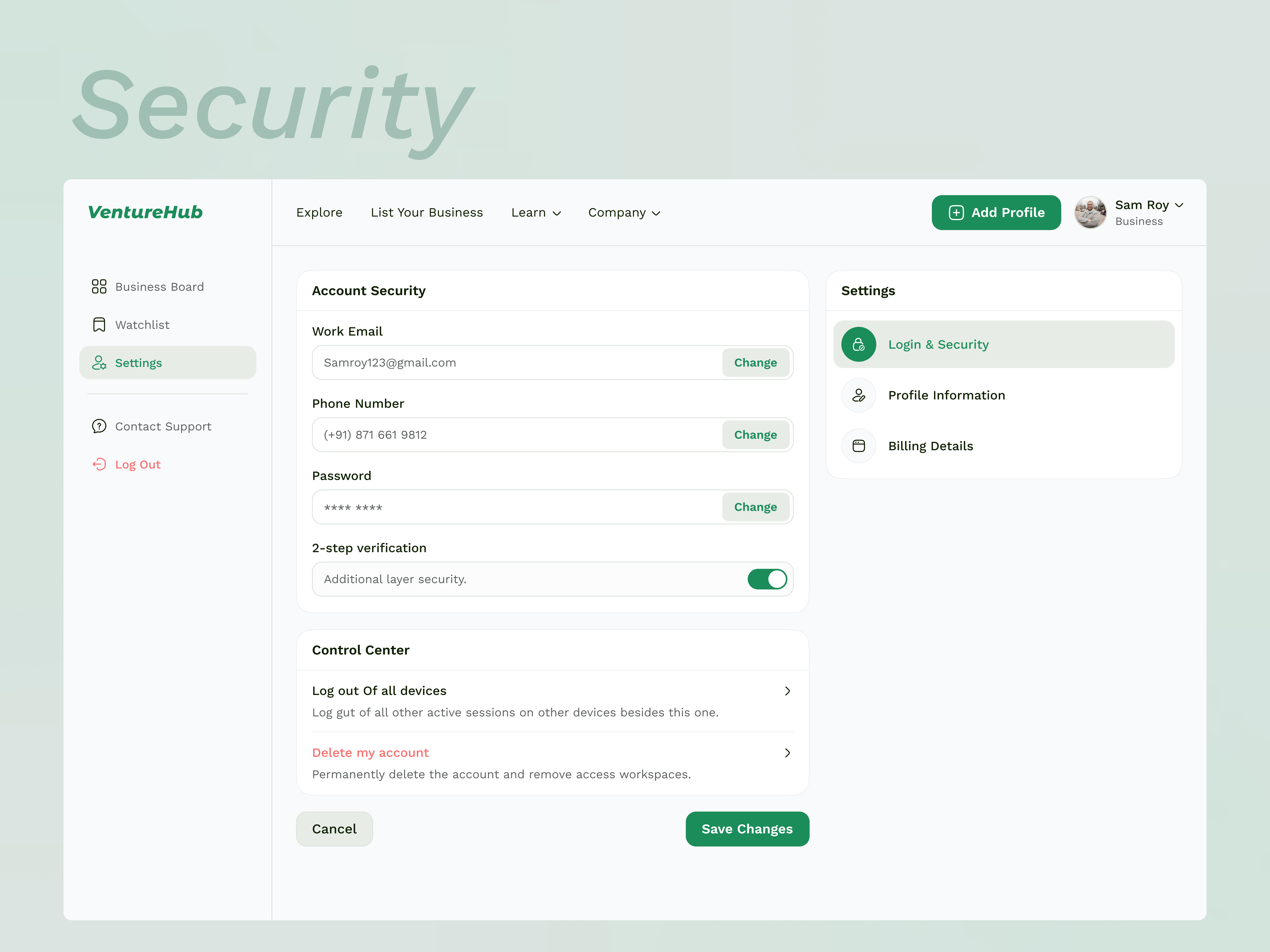 VentureHub – Account & Settings by Sajidur Rahman Shimul for TechSfera ...