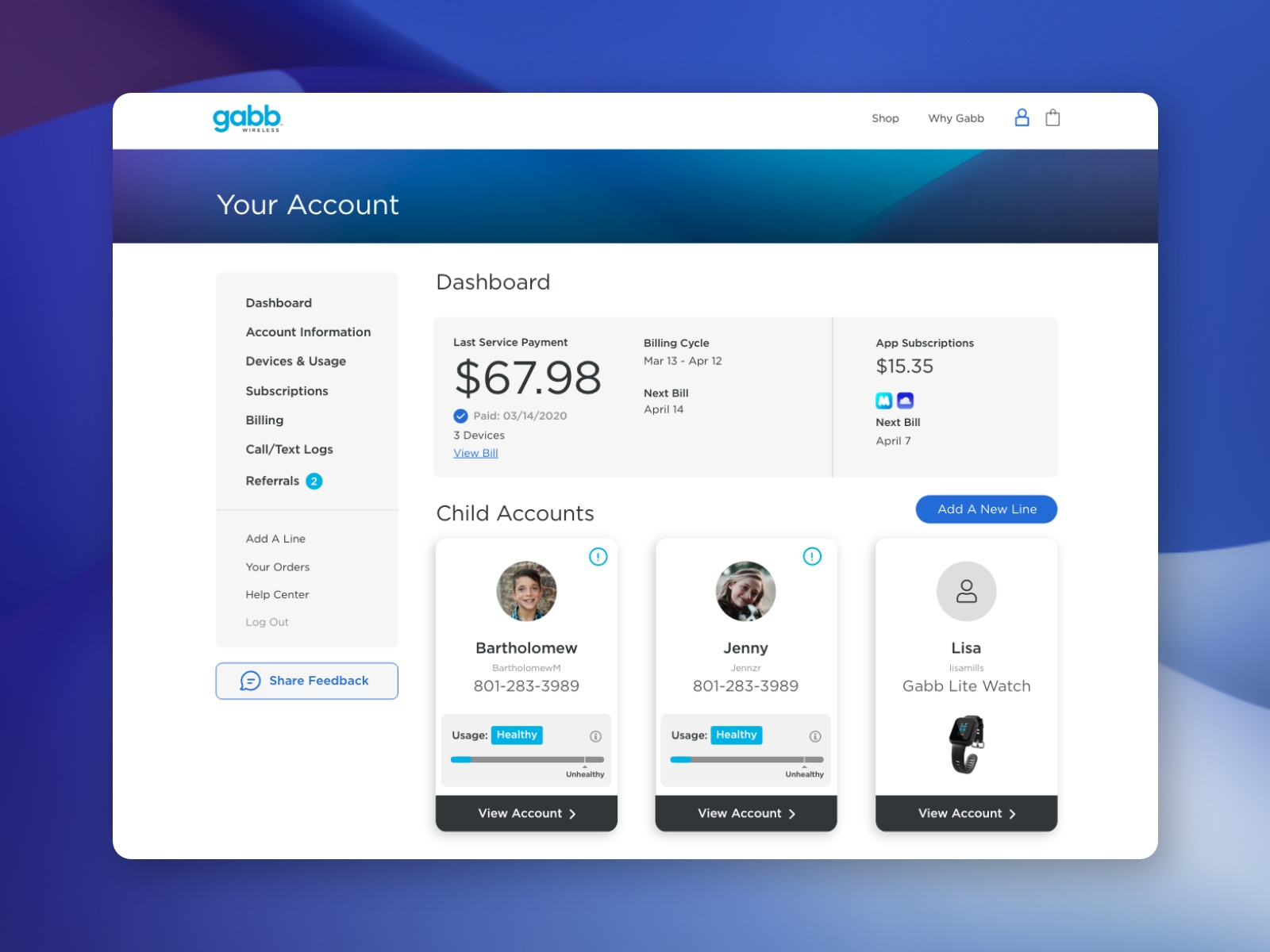 Gabb Wireless customer account dashboard by Joshua Butts on Dribbble
