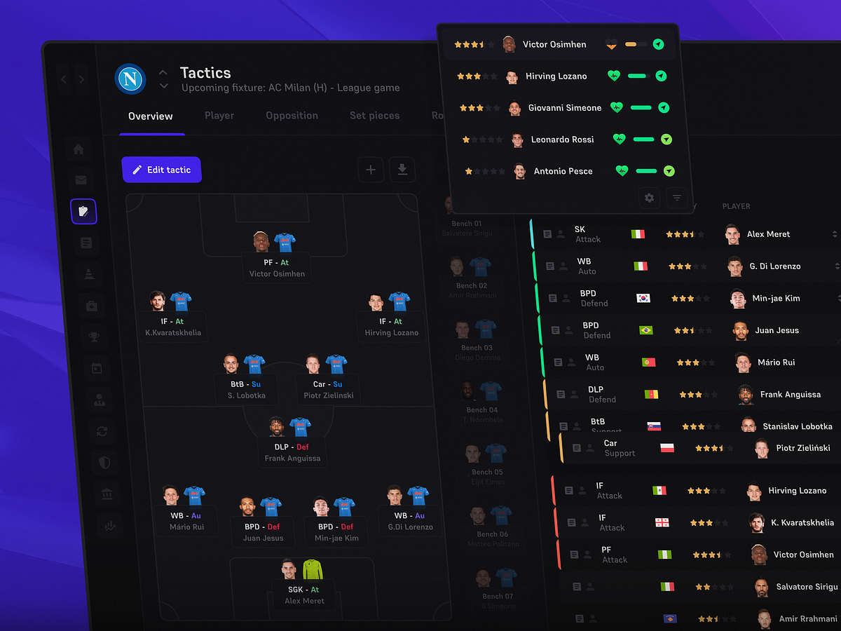 Football Manager Squad view - UI/UX redesign by Piotr Kosmala on Dribbble