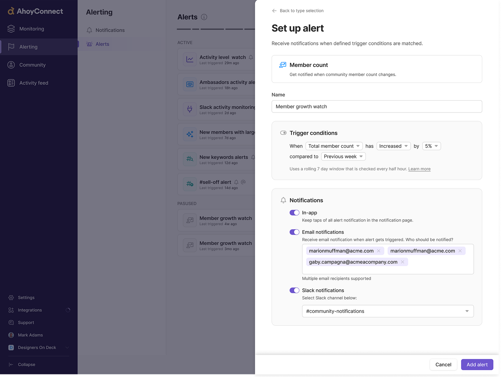 Modal dialog for setting up community activity alerts by usrnk1 on Dribbble