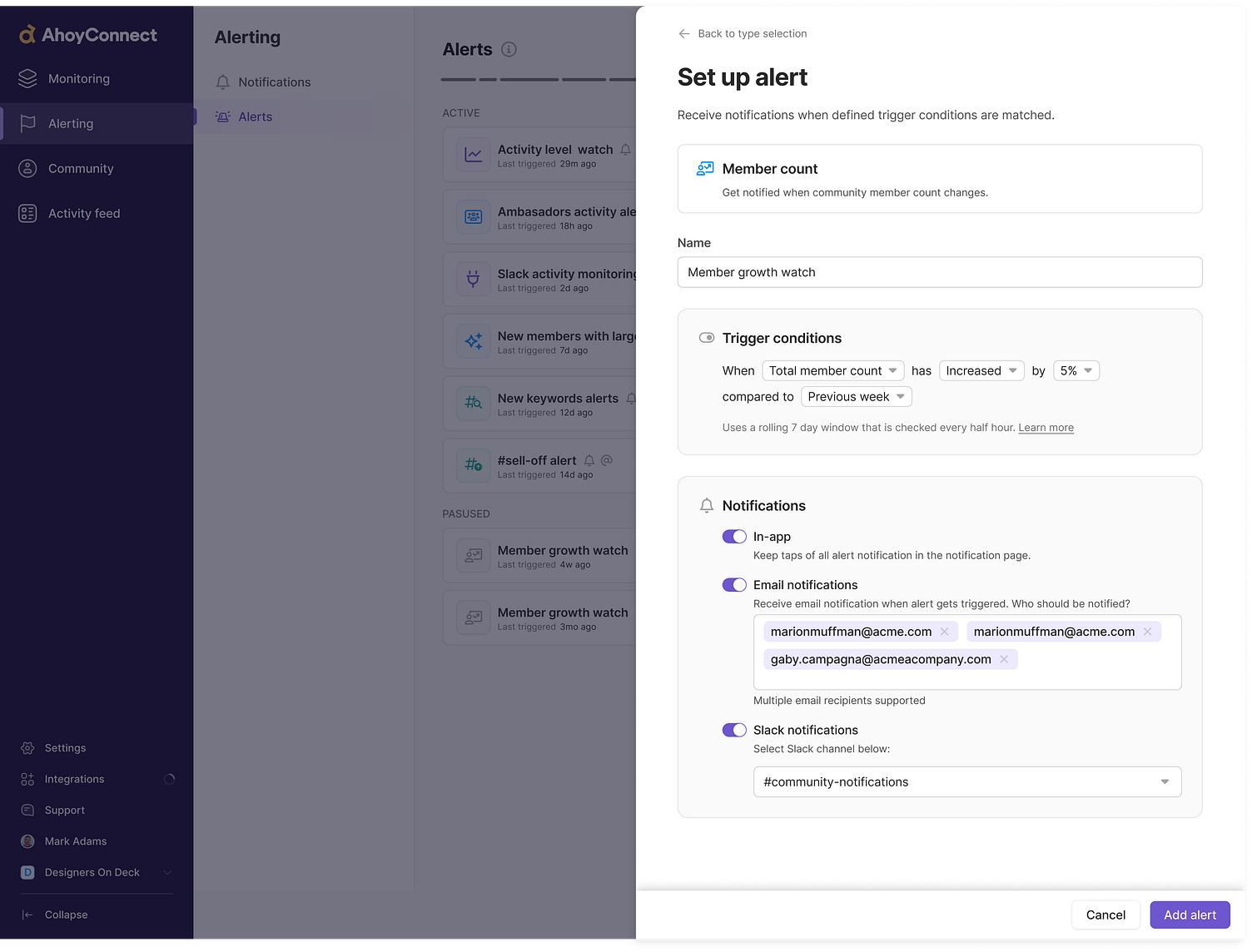 Modal dialog for setting up community activity alerts by usrnk1 on Dribbble