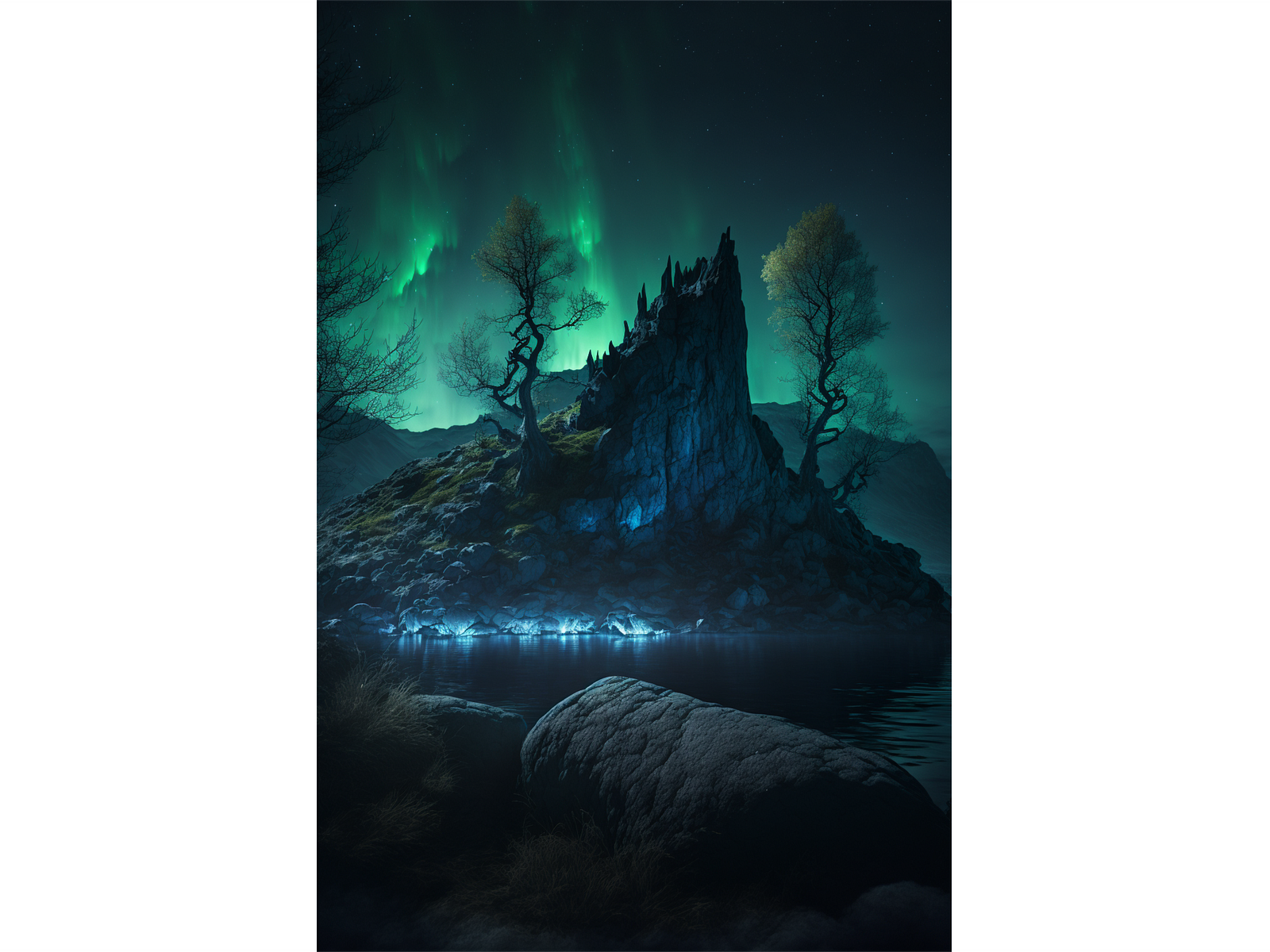 Blue lit fantasy cliff under Aurora by H Abyss on Dribbble