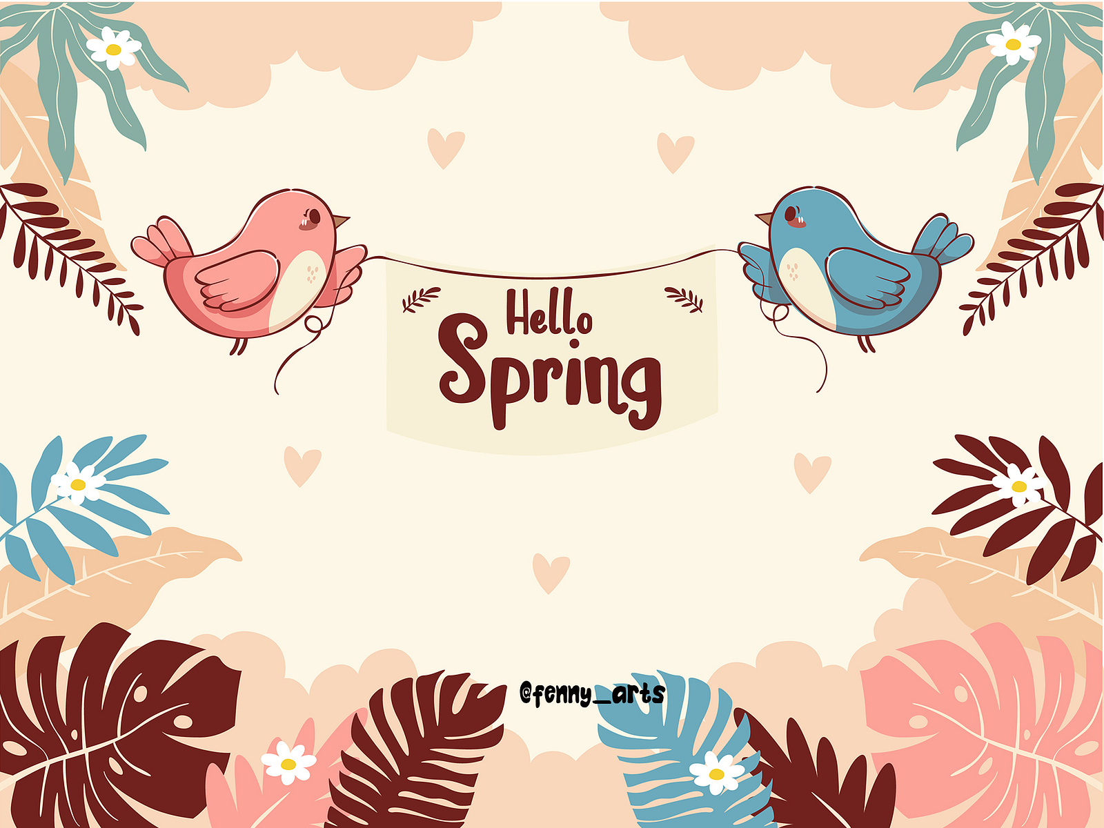 Charming Spring-Themed Illustration with Birds and Flowers by Fenny ...