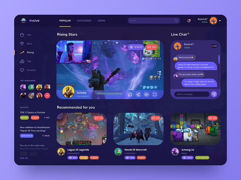 Streaming app UI concept 🎮 by Ilya Veremeev on Dribbble