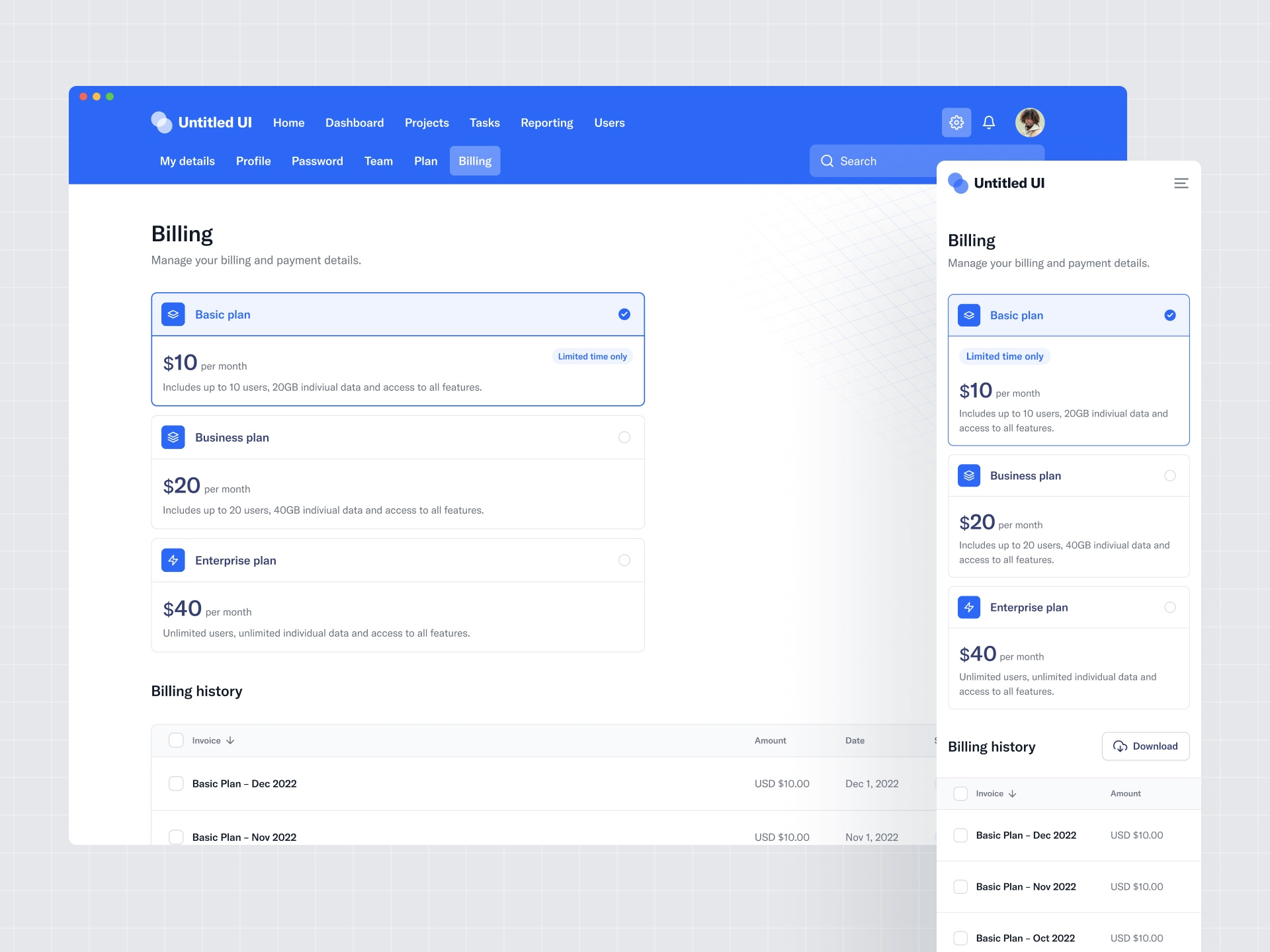 Plans and billing settings — Untitled UI by Jordan Hughes® on Dribbble