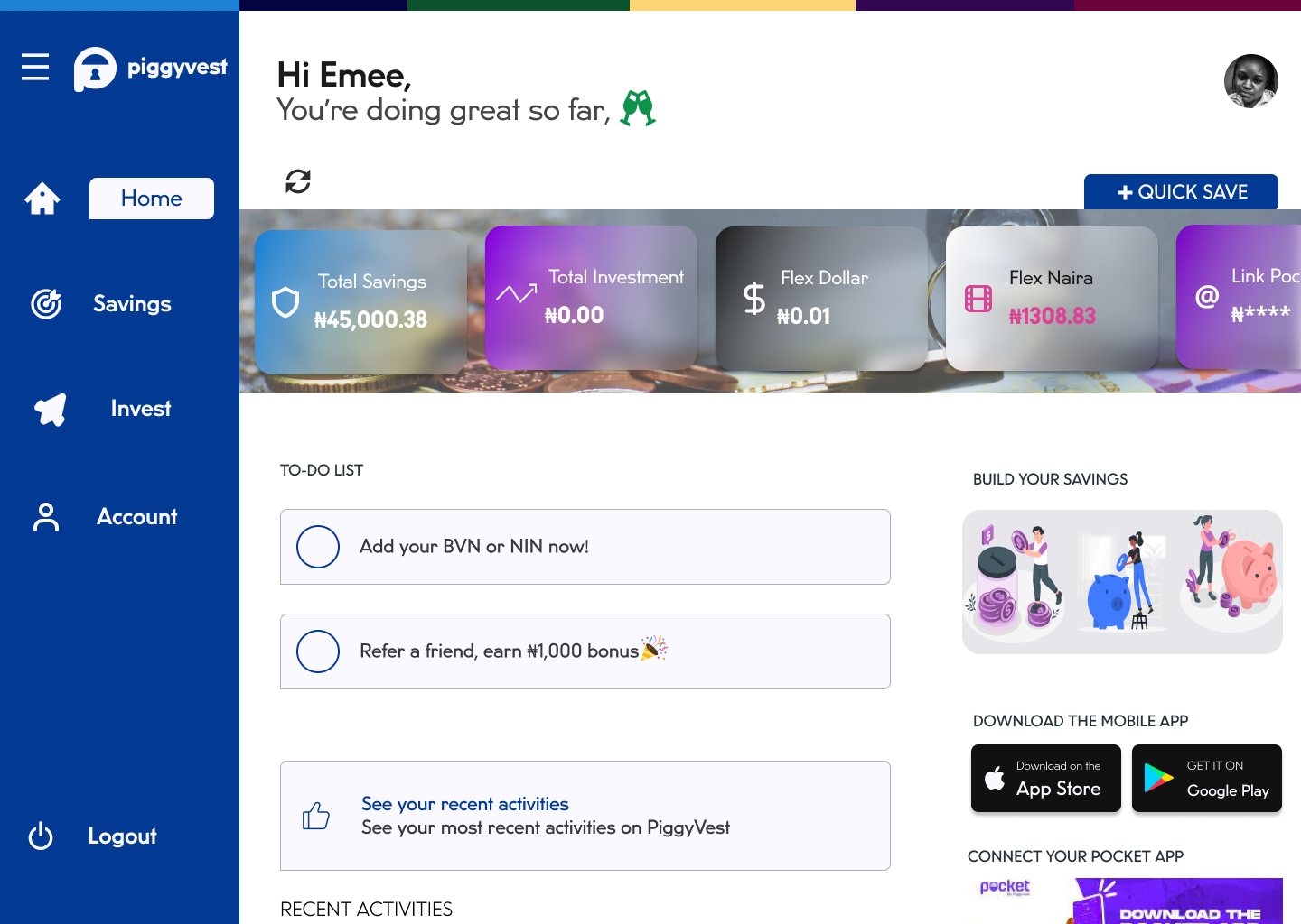 Piggyvest dashboard by Emediong Ebong on Dribbble