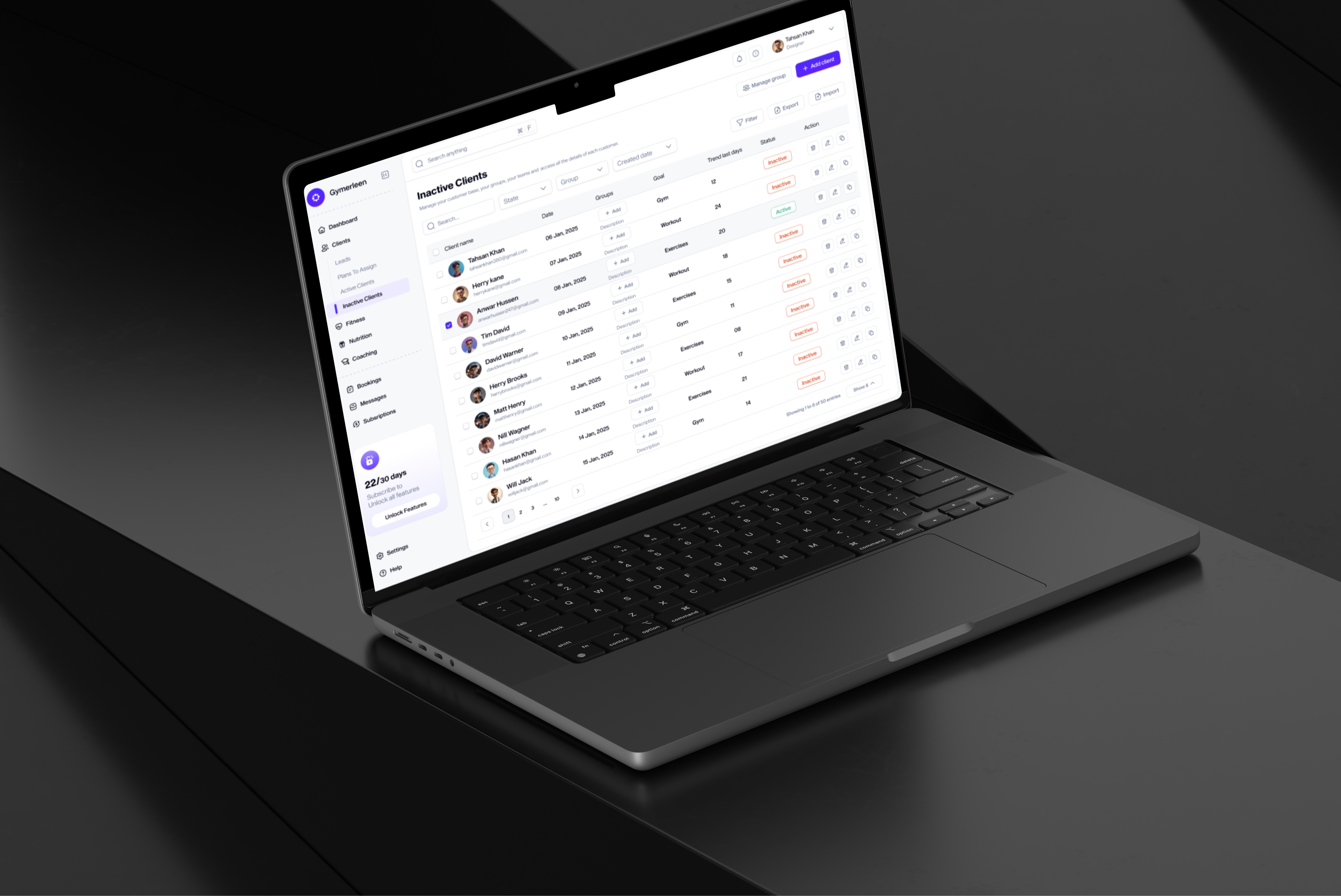 Fitness Inactive Clients Dashboard by Anuwar Hossen on Dribbble