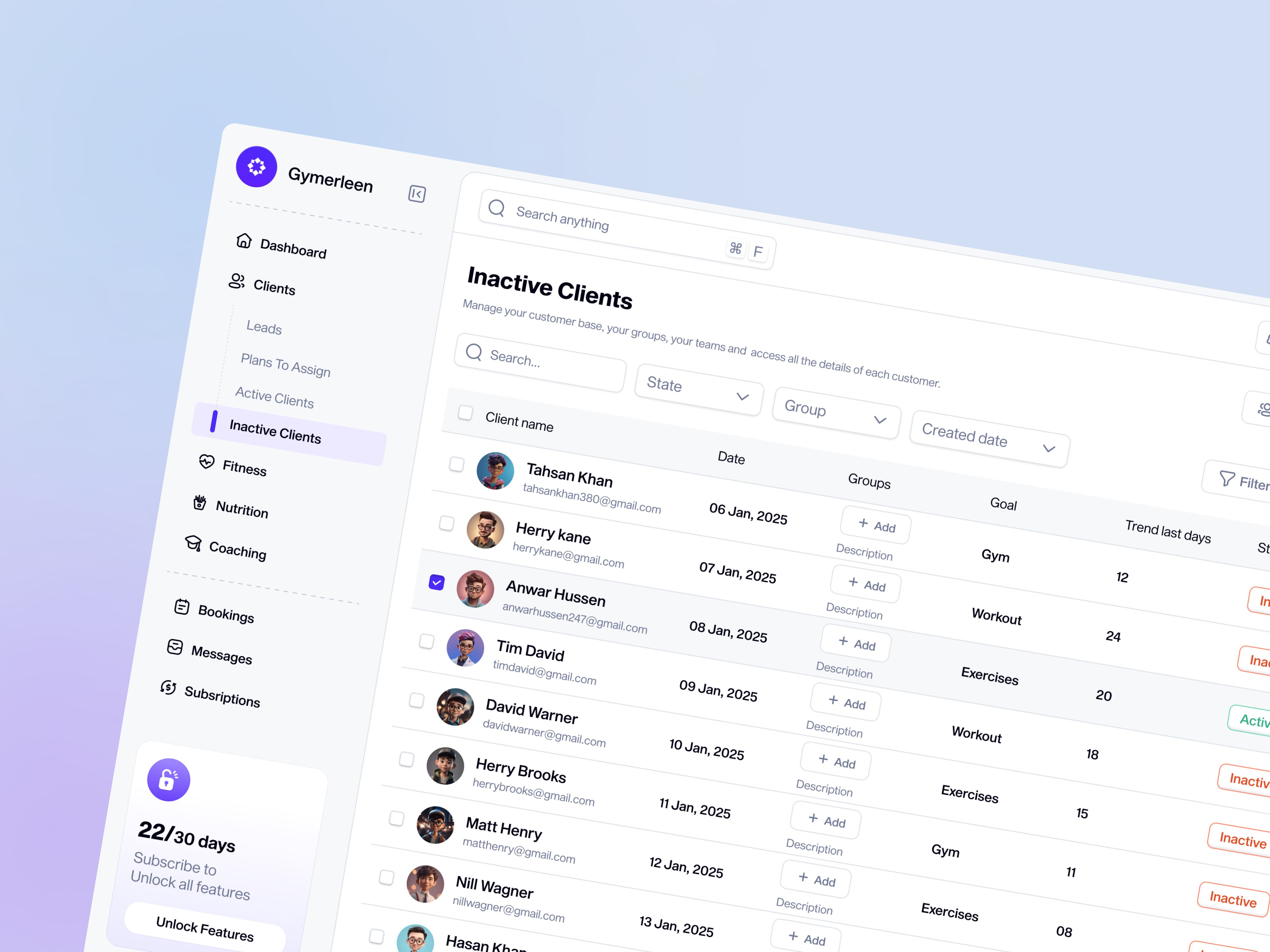 Fitness Inactive Clients Dashboard by Anuwar Hossen on Dribbble