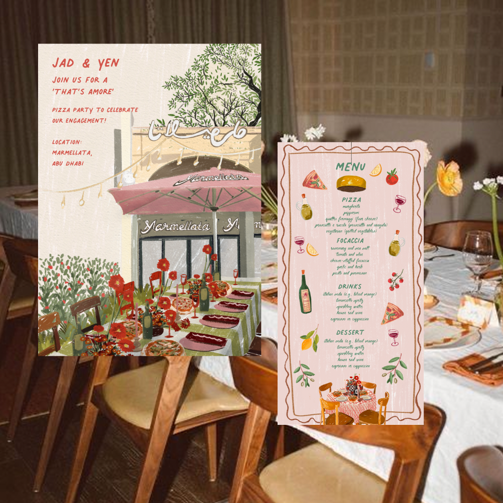 Bespoke Illustrated Engagement Invitation and Menu Design by Silvya Tan ...
