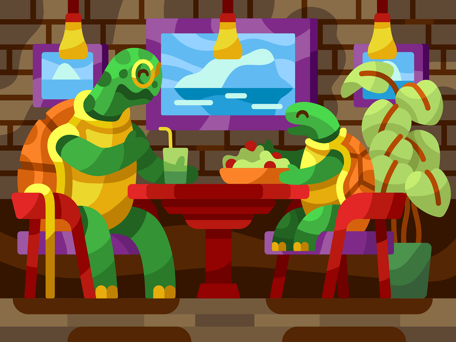 Turtles in cafe by Andrii Bezvershenko on Dribbble