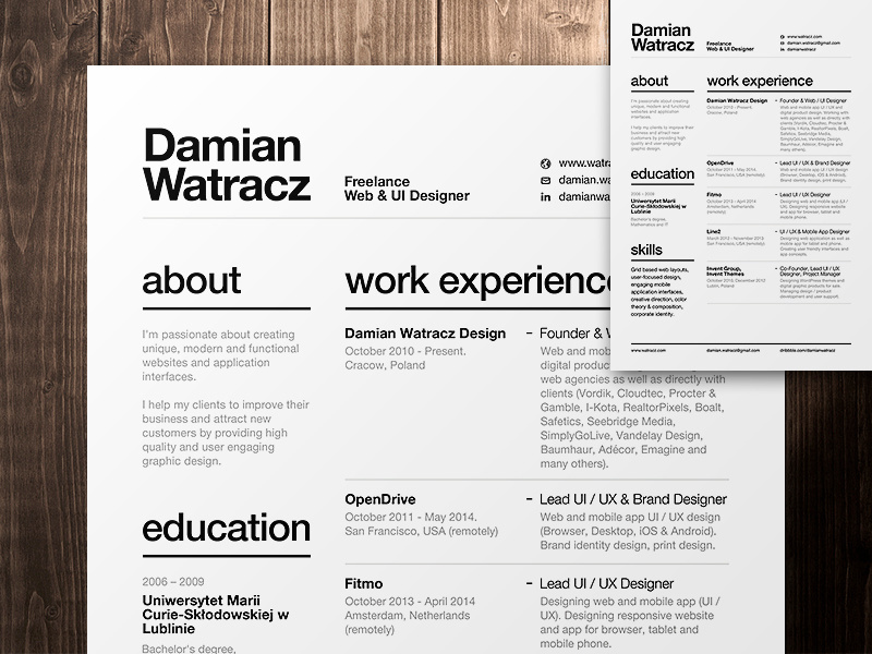 Swiss Style Resume 2014 by Damian Watracz on Dribbble