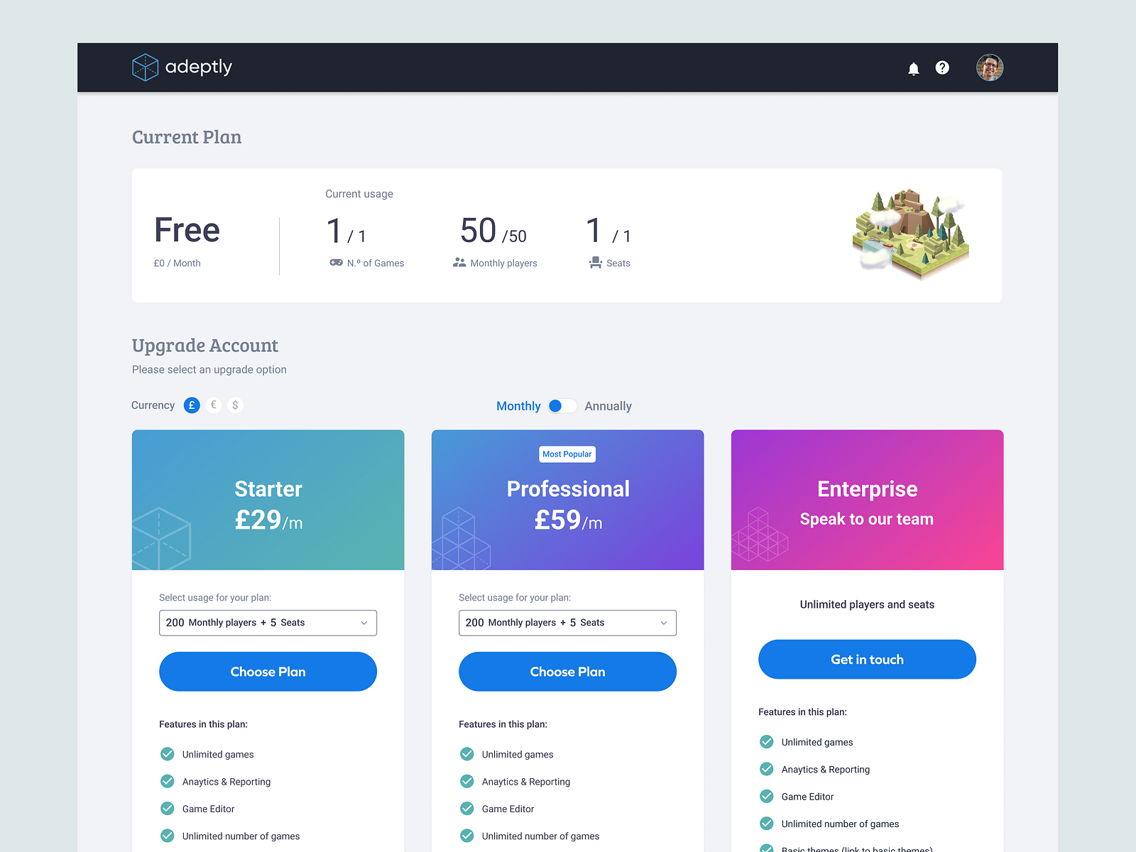 SaaS In-App Pricing & Upgrade Screen by Peter Loving for UserActive on ...