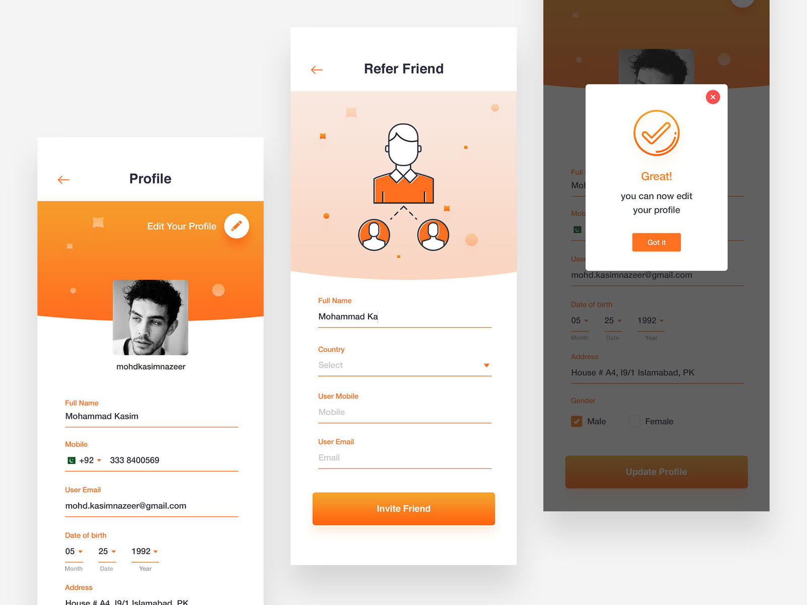 Refer a friend and profile screens by uxkasim on Dribbble