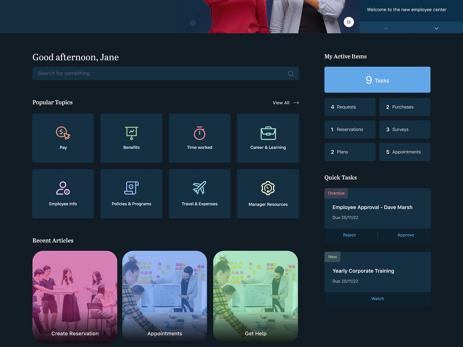 Employee Center Portal Dark Theme by AVASOFT on Dribbble