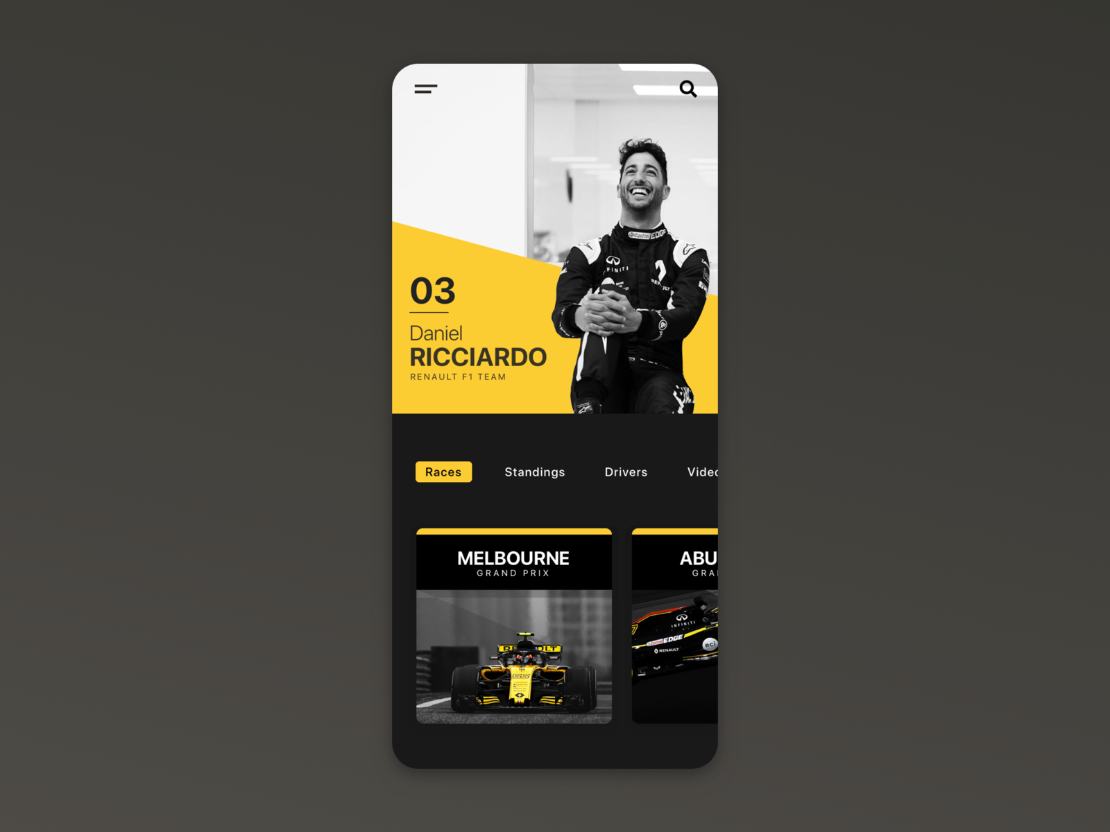 Daniel Ricciardo F1 / App UI by Zoltán Czékmány on Dribbble